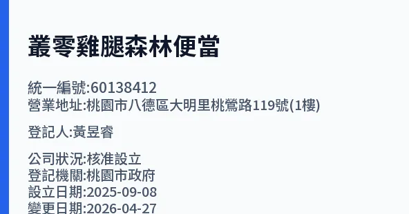 叢零雞腿森林便當的照片-統編 60138412(桃園市) 公司登記資料與營業項目詳細圖表