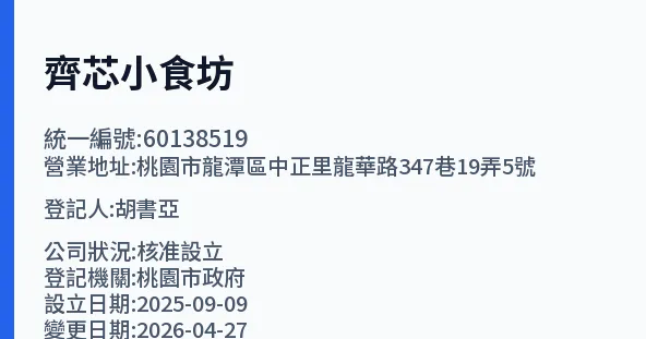 齊芯小食坊的照片-統編 60138519(桃園市) 公司登記資料與營業項目詳細圖表