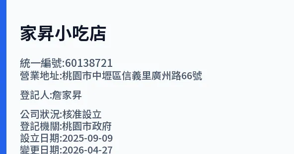 家昇小吃店的照片-統編 60138721(桃園市) 公司登記資料與營業項目詳細圖表