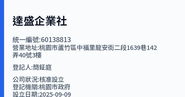 達盛企業社的照片-統編 60138813(桃園市) 公司登記資料與營業項目詳細圖表