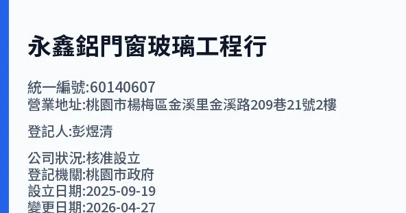 永鑫鋁門窗玻璃工程行的照片-統編 60140607(桃園市) 公司登記資料與營業項目詳細圖表