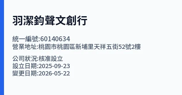 羽潔鈞聲文創行的照片-統編 60140634(桃園市) 公司登記資料與營業項目詳細圖表