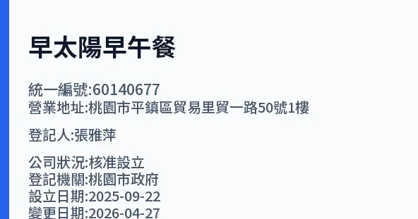 早太陽早午餐的照片-統編 60140677(桃園市) 公司登記資料與營業項目詳細圖表