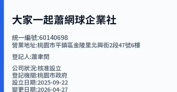 大家一起蕭網球企業社的照片-統編 60140698(桃園市) 公司登記資料與營業項目詳細圖表