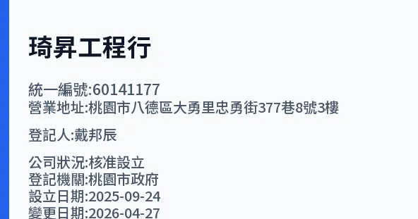 琦昇工程行的照片-統編 60141177(桃園市) 公司登記資料與營業項目詳細圖表