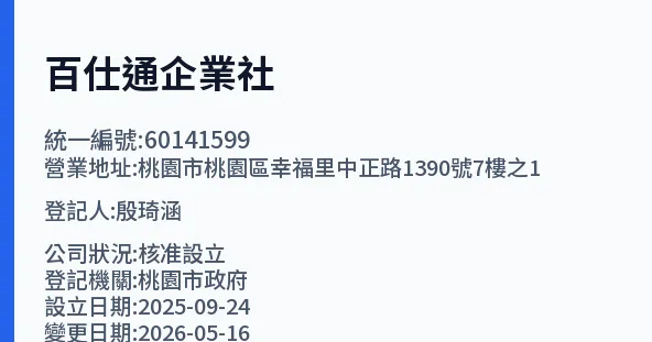 百仕通企業社的照片-統編 60141599(桃園市) 公司登記資料與營業項目詳細圖表