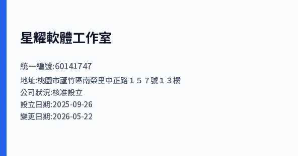 星耀軟體工作室的照片-統編 60141747(桃園市) 公司登記資料與營業項目詳細圖表