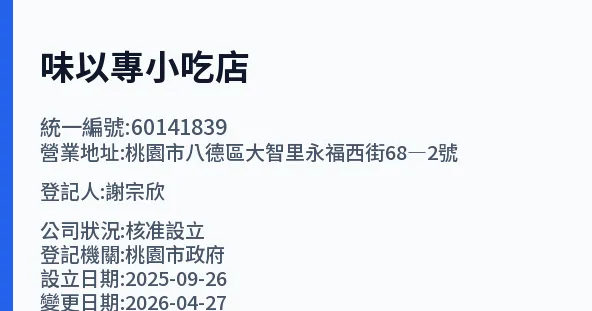 味以專小吃店的照片-統編 60141839(桃園市) 公司登記資料與營業項目詳細圖表