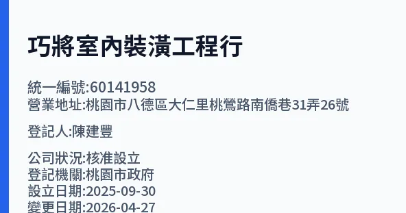 巧將室內裝潢工程行的照片-統編 60141958(桃園市) 公司登記資料與營業項目詳細圖表