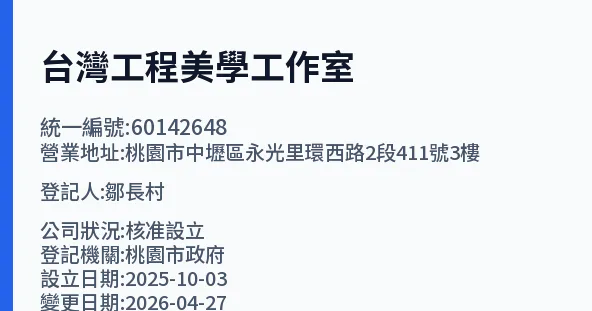 台灣工程美學工作室的照片-統編 60142648(桃園市) 公司登記資料與營業項目詳細圖表