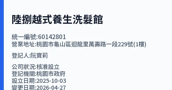 陸捌越式養生洗髮館的照片-統編 60142801(桃園市) 公司登記資料與營業項目詳細圖表