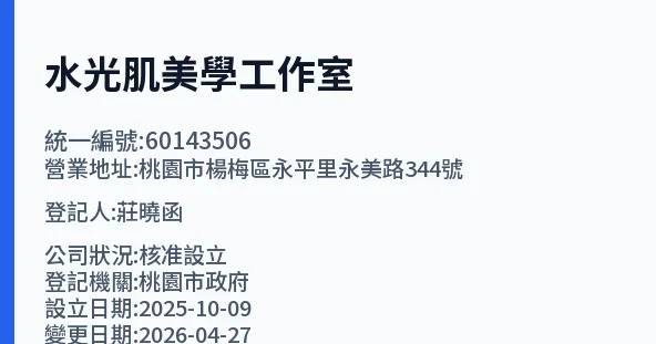 水光肌美學工作室的照片-統編 60143506(桃園市) 公司登記資料與營業項目詳細圖表