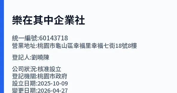 樂在其中企業社的照片-統編 60143718(桃園市) 公司登記資料與營業項目詳細圖表