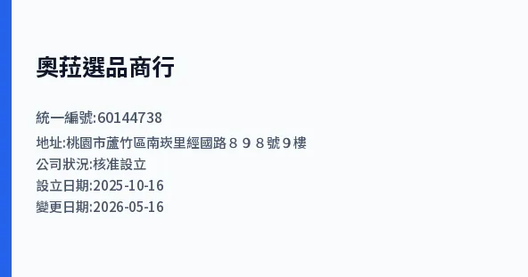 奧菈選品商行的照片-統編 60144738(桃園市) 公司登記資料與營業項目詳細圖表