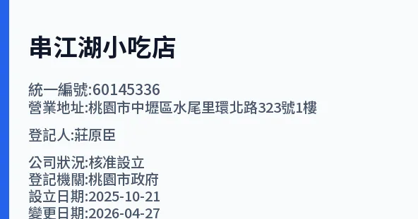 串江湖小吃店的照片-統編 60145336(桃園市) 公司登記資料與營業項目詳細圖表