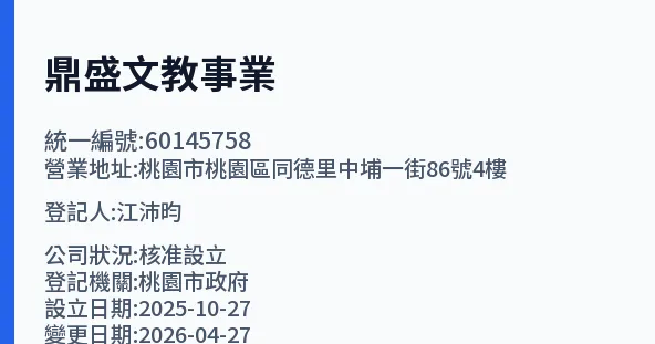 鼎盛文教事業的照片-統編 60145758(桃園市) 公司登記資料與營業項目詳細圖表