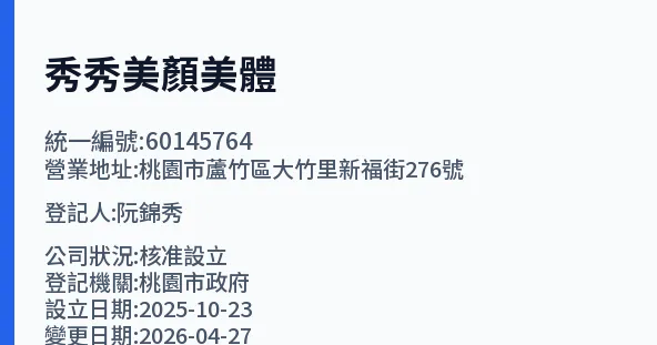 秀秀美顏美體的照片-統編 60145764(桃園市) 公司登記資料與營業項目詳細圖表