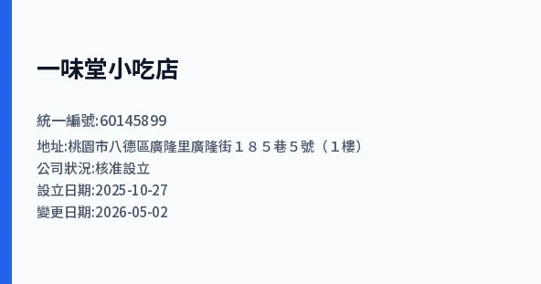 一味堂小吃店的照片-統編 60145899(桃園市) 公司登記資料與營業項目詳細圖表