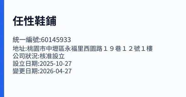 任性鞋鋪的照片-統編 60145933(桃園市) 公司登記資料與營業項目詳細圖表
