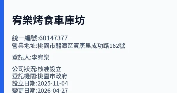 宥樂烤食車庫坊的照片-統編 60147377(桃園市) 公司登記資料與營業項目詳細圖表