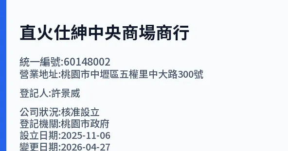 直火仕紳中央商場商行的照片-統編 60148002(桃園市) 公司登記資料與營業項目詳細圖表
