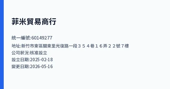 菲米貿易商行的照片-統編 60149277(新竹市) 公司登記資料與營業項目詳細圖表
