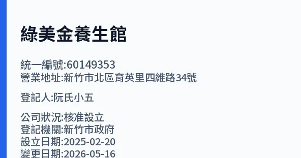 綠美金養生館的照片-統編 60149353(新竹市) 公司登記資料與營業項目詳細圖表