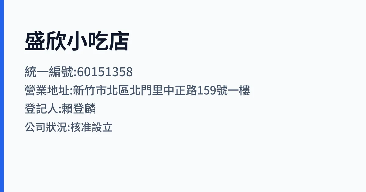 盛欣小吃店 - 統編 60151358(新竹市) 公司登記資料與營業項目詳細圖表