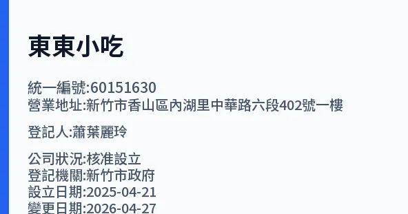 東東小吃的照片-統編 60151630(新竹市) 公司登記資料與營業項目詳細圖表