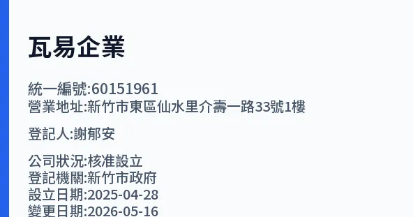 瓦易企業的照片-統編 60151961(新竹市) 公司登記資料與營業項目詳細圖表