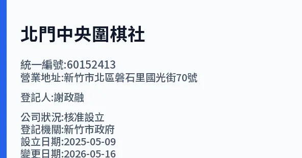 北門中央圍棋社的照片-統編 60152413(新竹市) 公司登記資料與營業項目詳細圖表