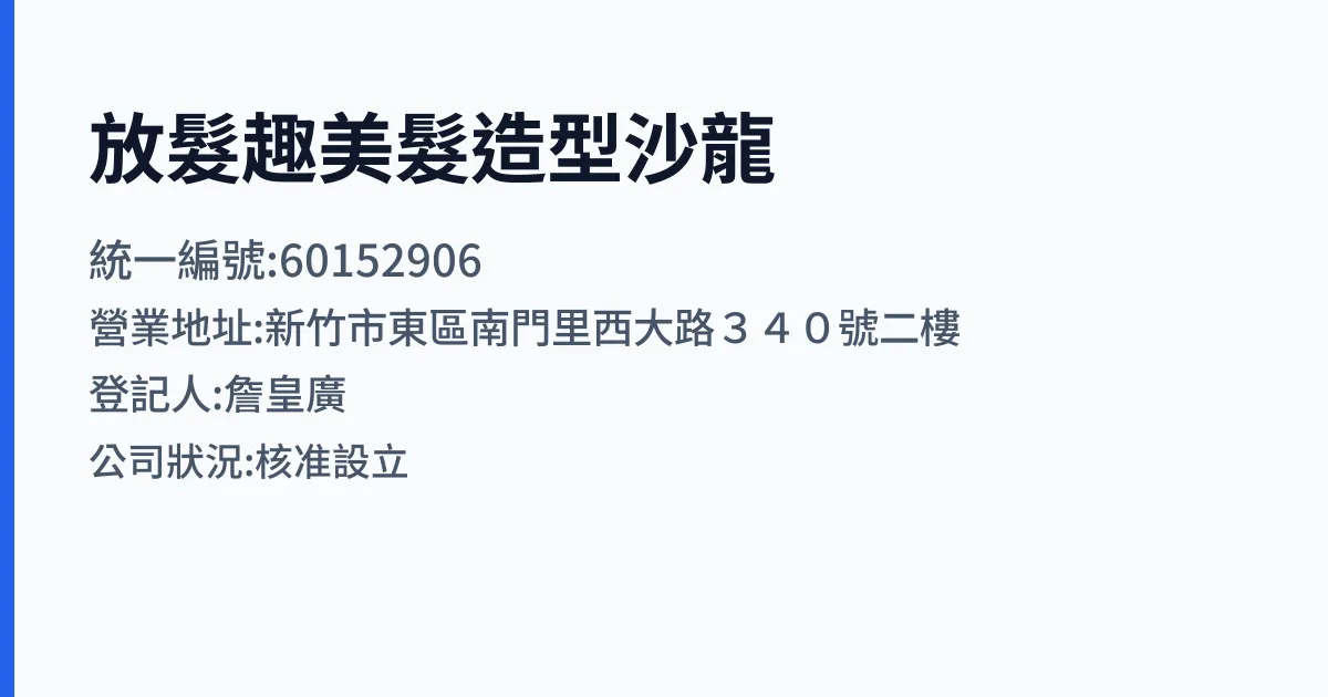 放髮趣美髮造型沙龍 - 統編 60152906(新竹市) 公司登記資料與營業項目詳細圖表