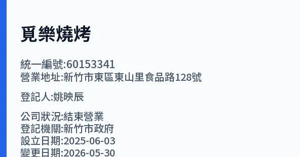覓樂燒烤的照片-統編 60153341(新竹市) 公司登記資料與營業項目詳細圖表
