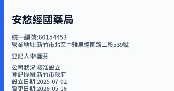 安悠經國藥局的照片-統編 60154453(新竹市) 公司登記資料與營業項目詳細圖表
