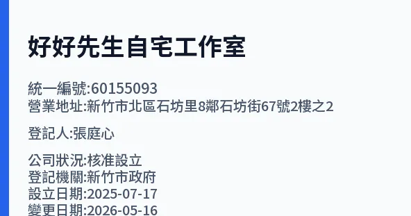 好好先生自宅工作室的照片-統編 60155093(新竹市) 公司登記資料與營業項目詳細圖表