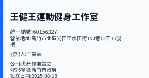 王健王運動健身工作室的照片-統編 60156327(新竹市) 公司登記資料與營業項目詳細圖表