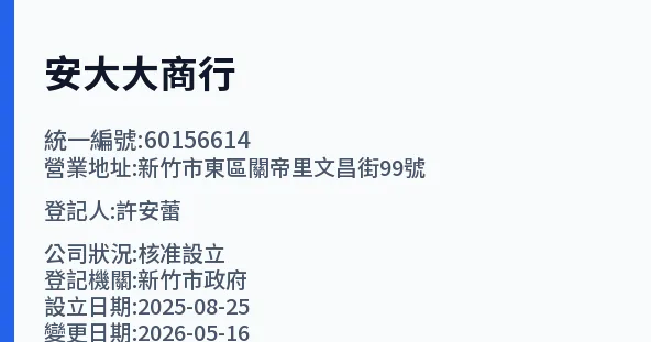 安大大商行的照片-統編 60156614(新竹市) 公司登記資料與營業項目詳細圖表