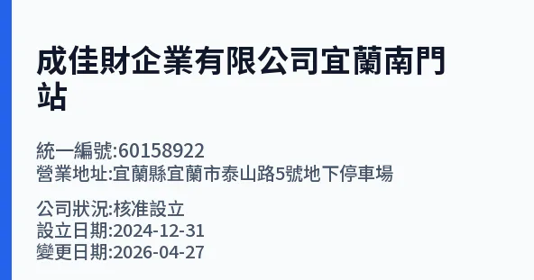 成佳財企業有限公司宜蘭南門站的照片-統編 60158922(宜蘭縣) 公司登記資料與營業項目詳細圖表