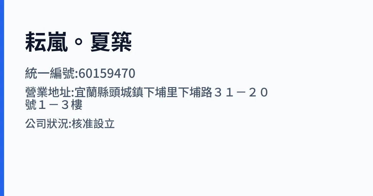 耘嵐。夏築 - 統編 60159470(宜蘭縣) 公司登記資料與營業項目詳細圖表