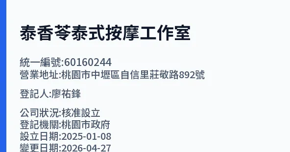 泰香苓泰式按摩工作室的照片-統編 60160244(桃園市) 公司登記資料與營業項目詳細圖表