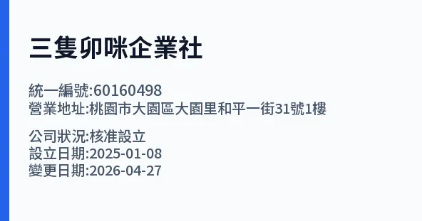 三隻卯咪企業社的照片-統編 60160498(桃園市) 公司登記資料與營業項目詳細圖表