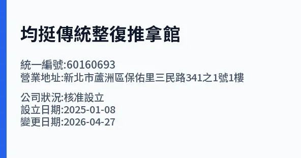 均挺傳統整復推拿館的照片-統編 60160693(新北市) 公司登記資料與營業項目詳細圖表