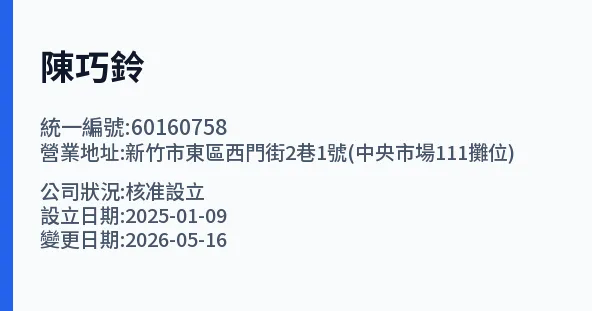 陳巧鈴的照片-統編 60160758(新竹市) 公司登記資料與營業項目詳細圖表