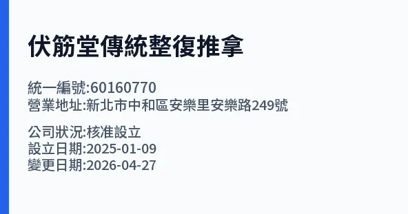 伏筋堂傳統整復推拿的照片-統編 60160770(新北市) 公司登記資料與營業項目詳細圖表