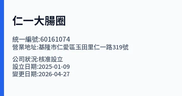 仁一大腸圈的照片-統編 60161074(基隆市) 公司登記資料與營業項目詳細圖表