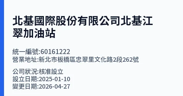 北基國際股份有限公司北基江翠加油站的照片-統編 60161222(新北市) 公司登記資料與營業項目詳細圖表