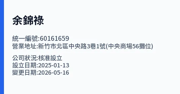 余錦祿的照片-統編 60161659(新竹市) 公司登記資料與營業項目詳細圖表