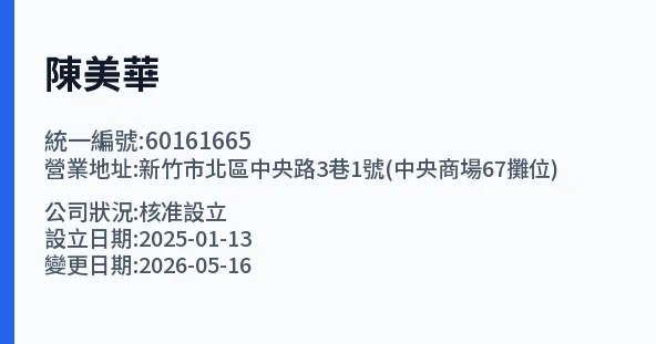 陳美華的照片-統編 60161665(新竹市) 公司登記資料與營業項目詳細圖表