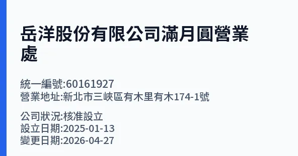岳洋股份有限公司滿月圓營業處的照片-統編 60161927(新北市) 公司登記資料與營業項目詳細圖表