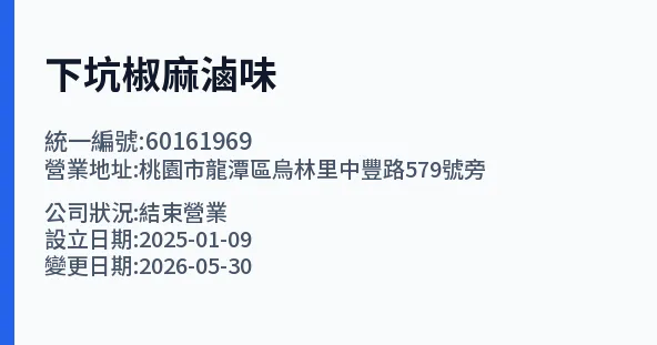 下坑椒麻滷味的照片-統編 60161969(桃園市) 公司登記資料與營業項目詳細圖表